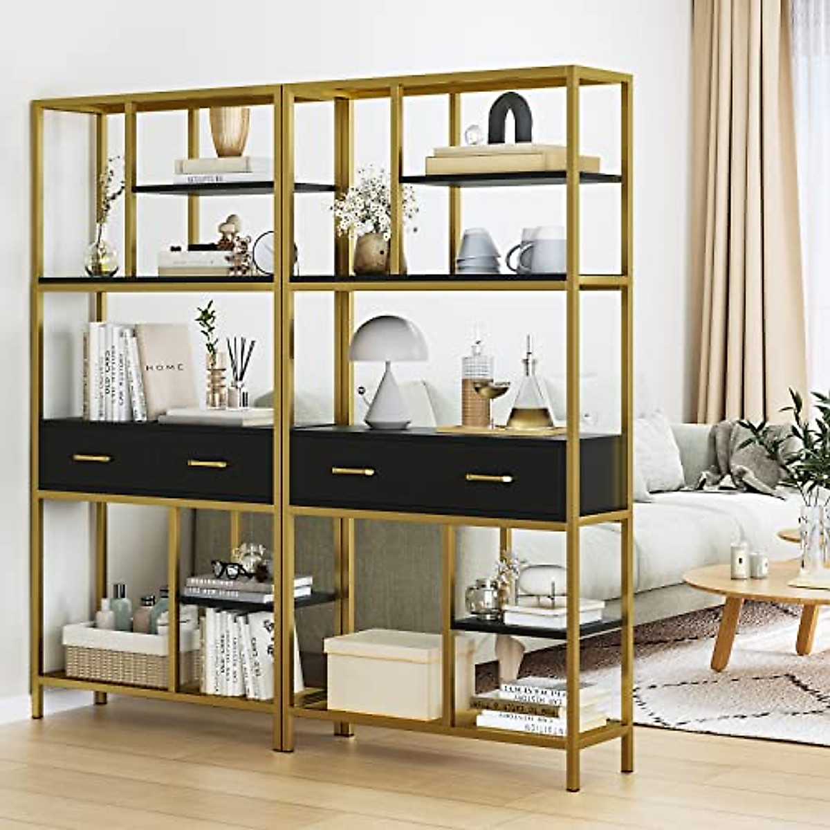 HITHOS Bookshelf, Tall Bookcase with 2 Drawers and Storage Shelves, Industrial Etagere Bookcase Book Shelves for Office, Living Room, Black/Gold