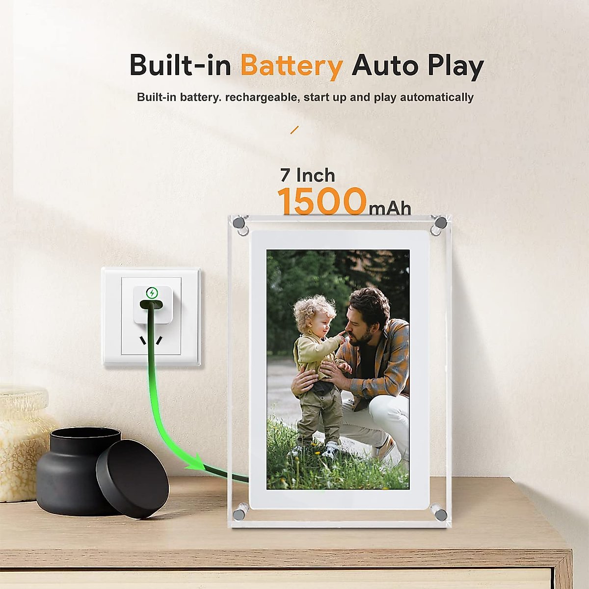 Amaboo 7 Inch Acrylic Digital Picture Frame, Motion Video Frame with Latest Transparent Design, Digital Photo Frame with Built-in 1GB Memory and 1500 mAh Battery