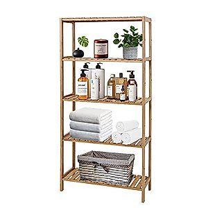 Kinsuite 5-Tier Bamboo Free Standing Storage Rack Shelf Multifunctional Bamboo Shelving Unit Bathroom Kitchen Living Room Holder