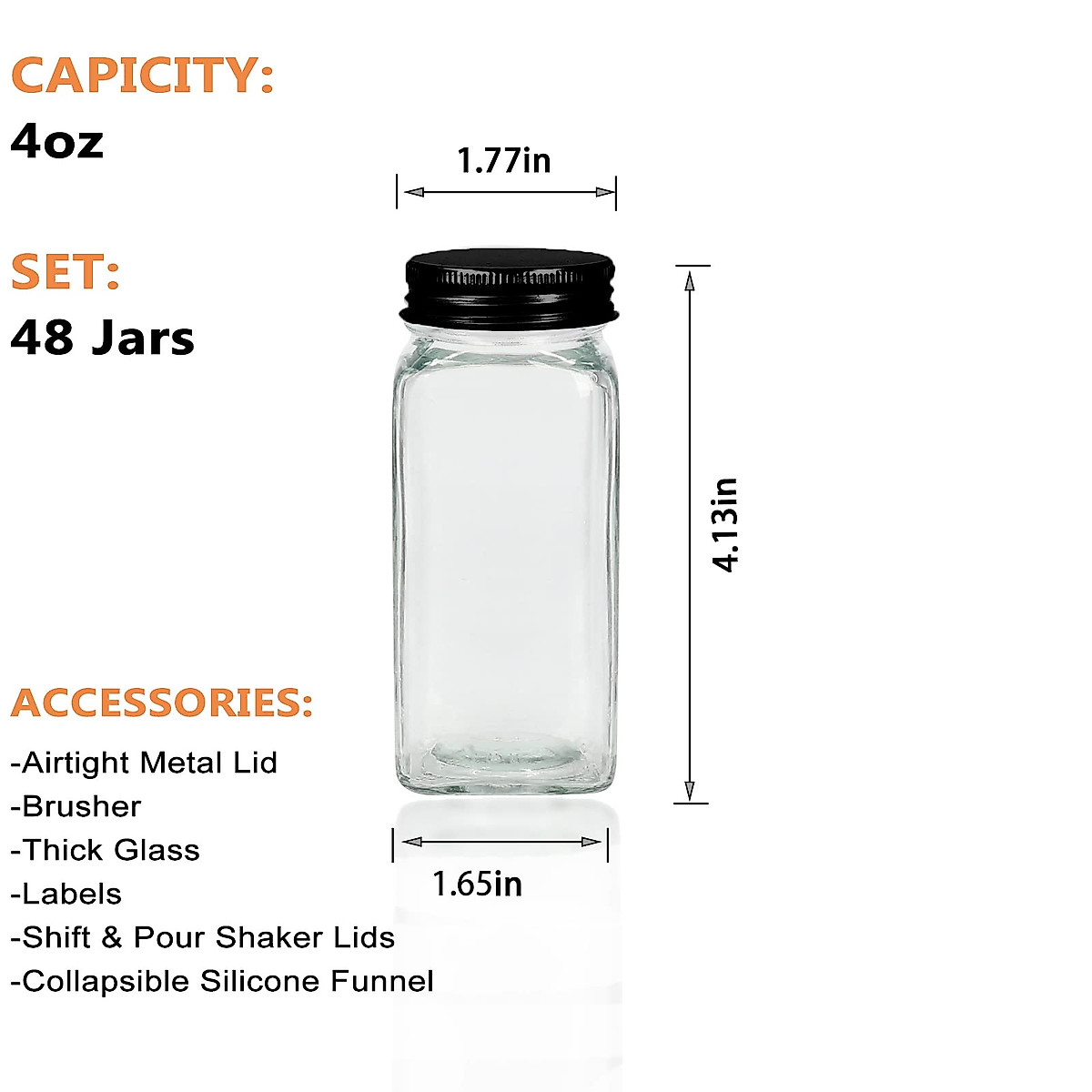48 Pcs Glass Spice Jars with Labels and Black Lids 4oz Spice Container Set Seasoning Bottles with Blank and Printed Labels, Shaker Lids, Collapsible Funnel and Brush Included