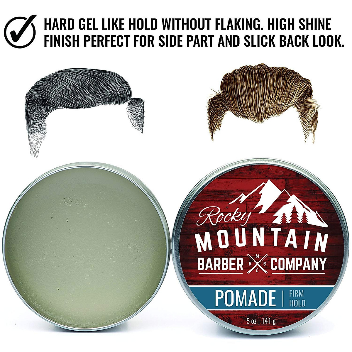 Rocky Mountain Barber Company Pomade for Men - 5 oz Tub Classic Styling Product with Strong Firm Hold for Side Part, Pompadour & Slick Back Looks – High Shine & Easy to Wash Out – Water Based