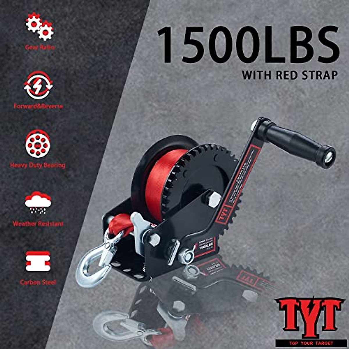 TYT 1500LB Boat Trailer Strap Winch with 8M Red Strap, Sturdy Long-Lasting Gear Hand Crank Winch, Operated Two Way Ratchet Manual Winches for Towing Pulley Boat Trailer Truck RV Jet Ski Marine Winch