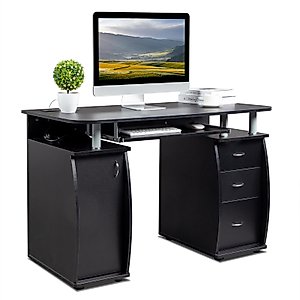 Karl home MDF Computer Desk with Strip Socket, Home Office Desk Writing Desk, Office Table with 3 Drawers and Storage Cabinet for Studio, Apartment, Coffee, Black
