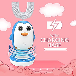 SHNOKER Electric Toothbrush with U-Shaped Toothbrush, with Charging Base Ultrasonic Automatic Toothbrush,IPX7 Waterproof,Three Clearing Modes,Cartoon Modeling Design for Kids (Blue 3-6 Year)