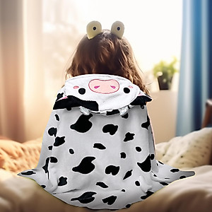 KUUKO Child Wearable Hooded Blanket: Whimsical Cow Design, Cozy Flannel, One Size Fits All, 39.3" Length, 49.2" Width, 8.6" Hood