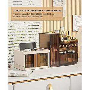 HAIXIN Makeup Organizer for Vanity, Cosmetic Storage Organizer with Brush Holder, Cosmetics Display Case with Drawer for Cosmetics, Lipsticks, Nail Care, Skincare Bedroom Bathroom Countertop