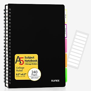 SUNEE 5 Subject Notebook College Ruled - 240 Pages, 6.2"x8.5", 5 Pocket Colored Dividers, 3-Hole Punched Paper, Black
