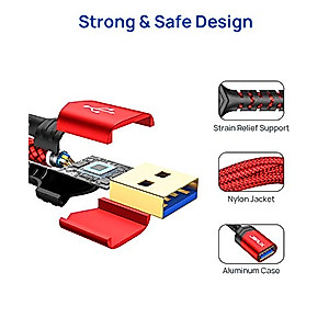JSAUX USB 3.0 Extension Cable, [2 Pack 6.6ft] USB A Male to Female Extension Extender Cord High Data Transfer Compatible for USB Flash Drive, Keyboard, Printer, Xbox, Hard Drive and More-Red