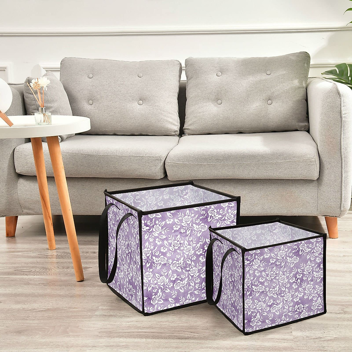 XIOMARA Foldable Storage Bins,Purple Pattern White Flowers Storage Baskets Cubes with Handles for Closet Nursery Office Grey and Black Trim (10.63x10.63x10.63in)