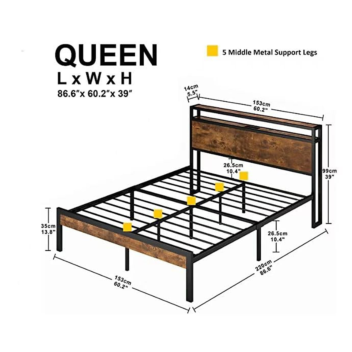 Fidktuveㅤ King Size Metal Platform Bed Frame with Wooden Headboard and Footboard, USB Port, Storage, Easy Assembly - No Box Spring Needed (Black)