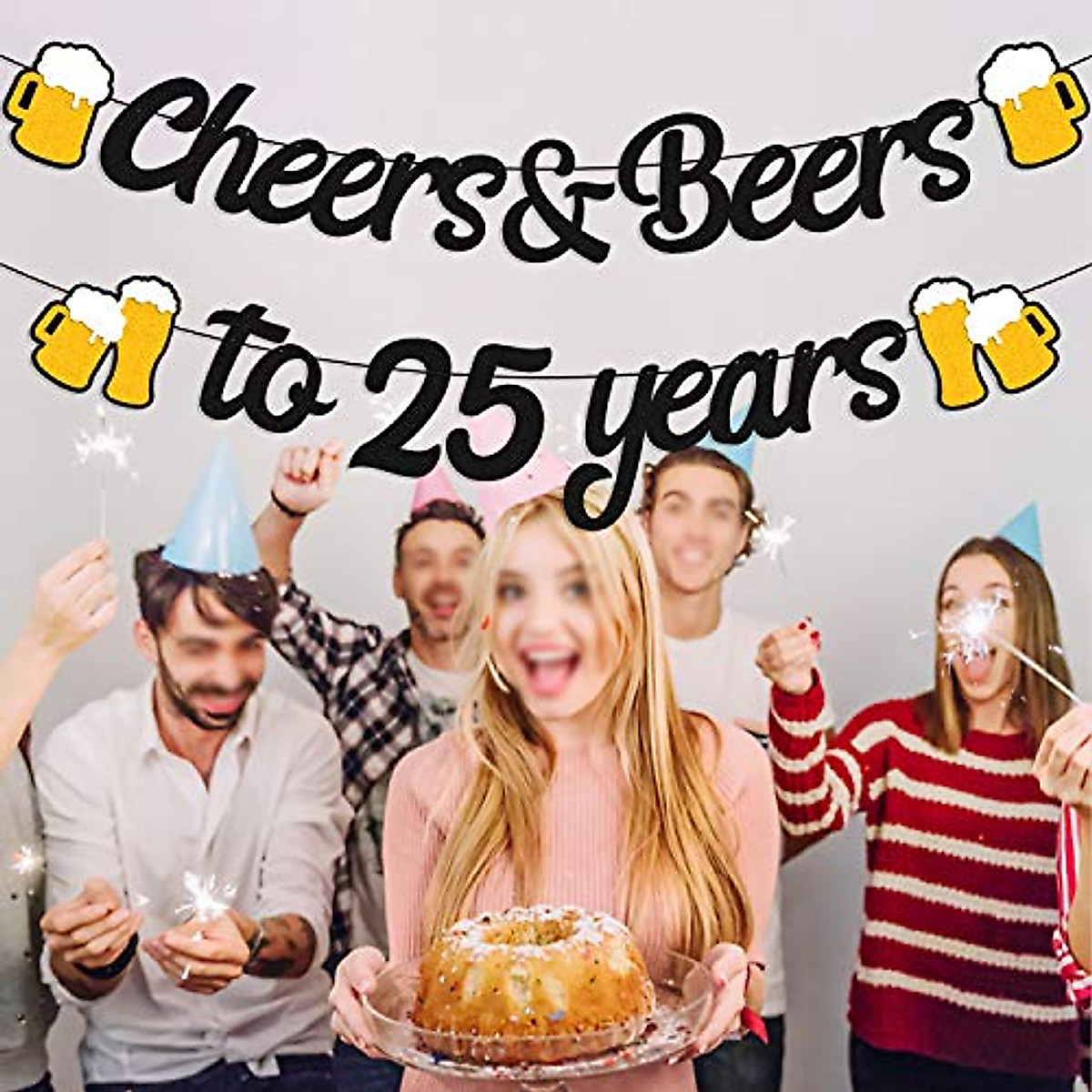 25th Birthday Decorations Cheers to 25 Years Banner for Men Women 25s Birthday Backdrop Wedding Anniversary Party Supplies Black Glitter Decorations Pre Strung