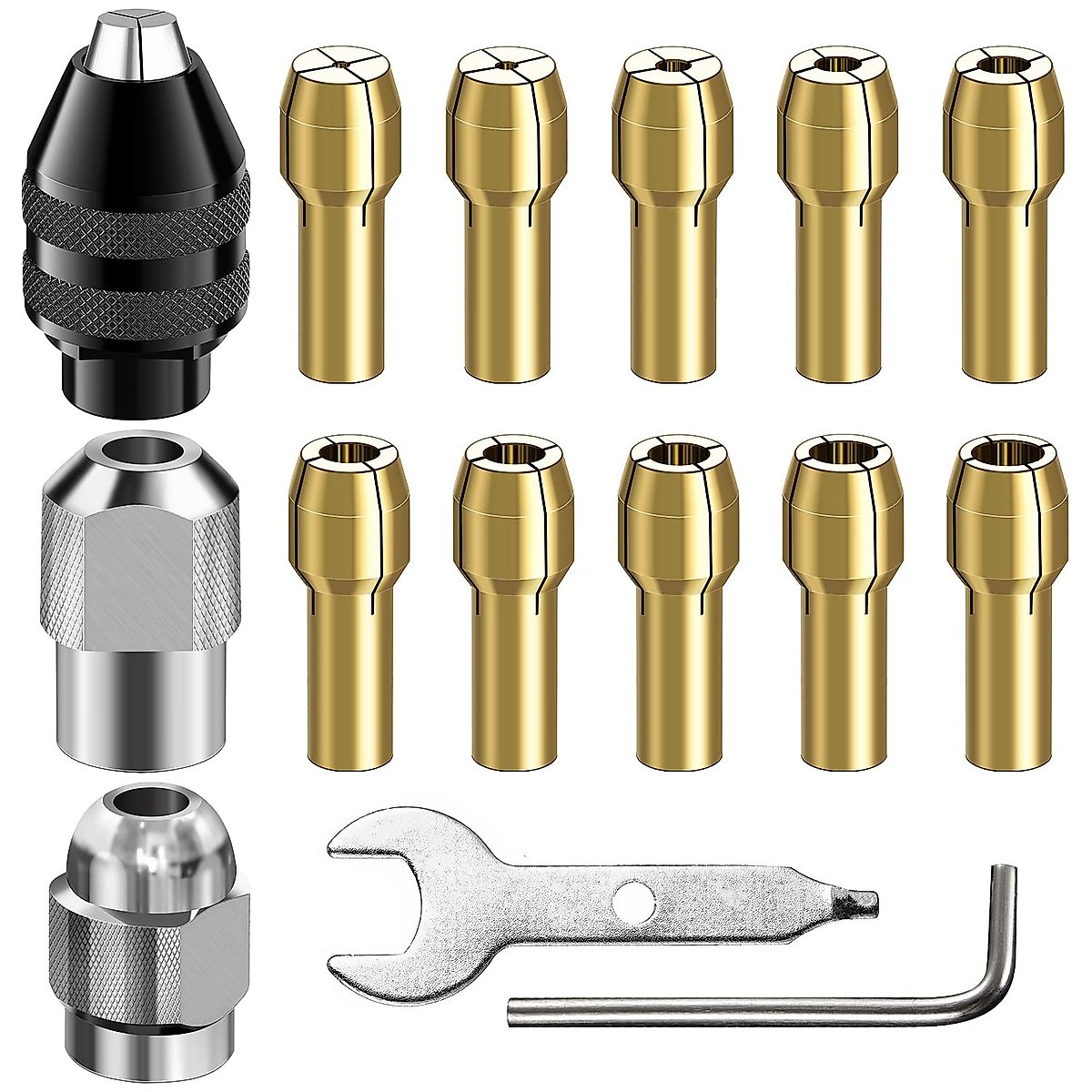 Drill Chuck Collet Set, 28 Pcs Chuck Collet Kit（1/32" - 1/8" ）Replacement 4486 Drill Keyless Bit Chuck Shank Rotary Tool Quick Change Adapter with Replacement 4485 Brass Collet Metal Set