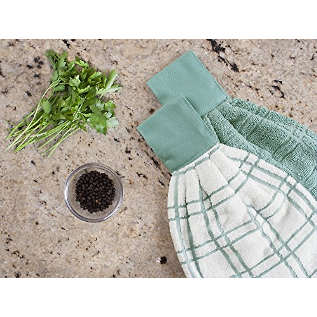 Ritz Premium 100% Cotton Solid and Multi Check Kitchen Tie Towel, Absorbent, Super Soft, and Fast Drying Hang Towel, Set of Two, Dew