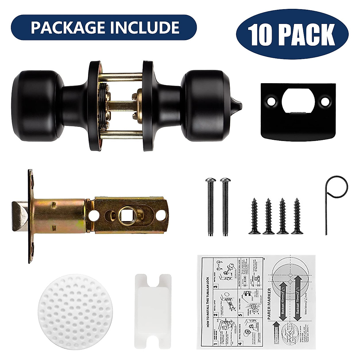 GRAUERHUND 10 Pack Matte Black Door Knobs Privacy Interior Lock Passage Bedroom Bathroom Keyless Doorknob Door Handle Lockset Hardware and Instruction Included
