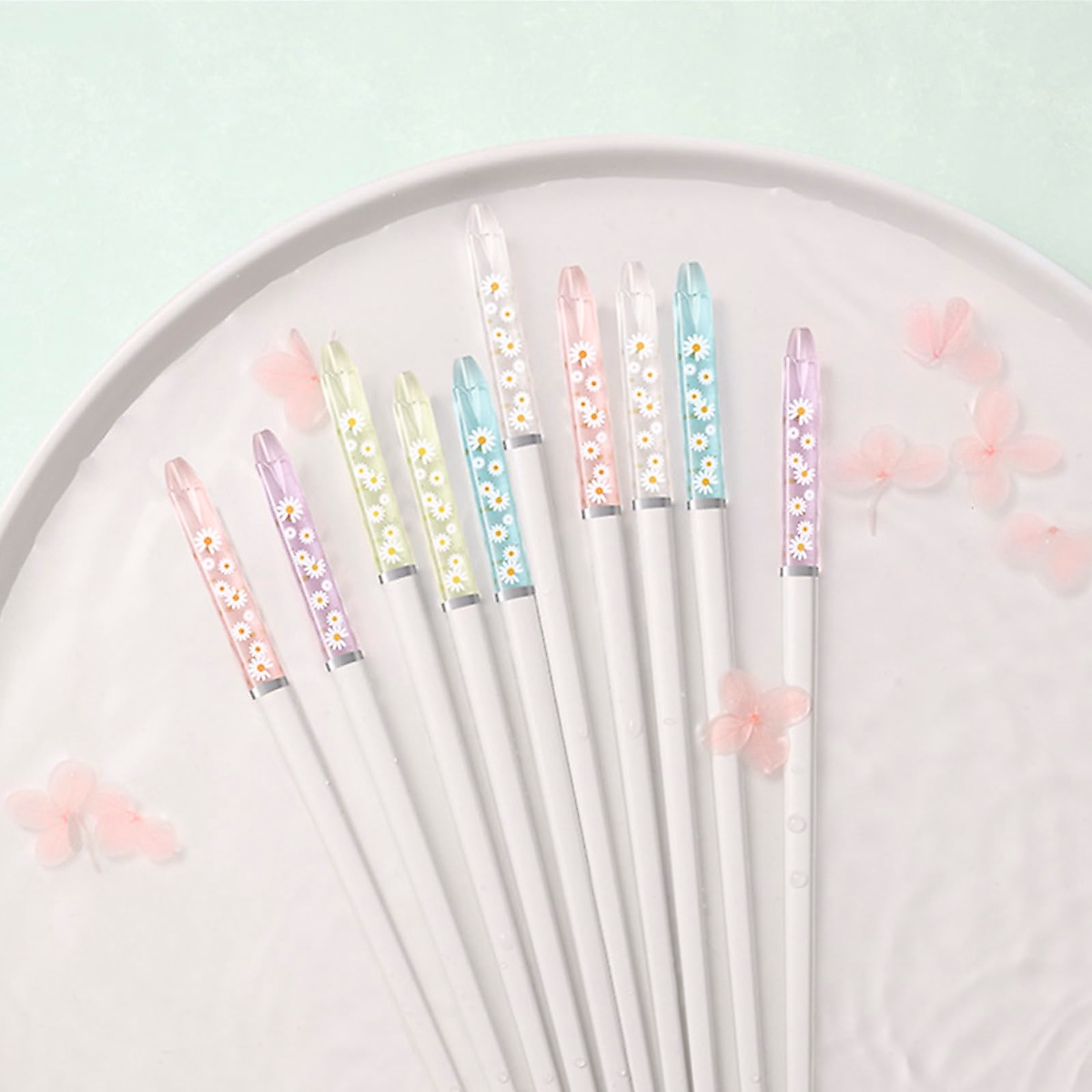 5 Pairs Chopsticks-Reusable Chopsticks Dishwasher Safe, 9.6 inch/24.3cm Matte Non-Slip Fiberglass Chop Sticks, Chinese/Japanese Korean Chop Stick Gift, Daisy Green