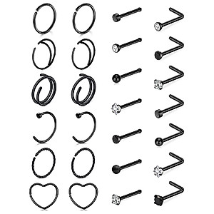 TOKRING 20G Black Nose Rings Hoops Studs Surgical Steel Piercing jewelry for Women Men