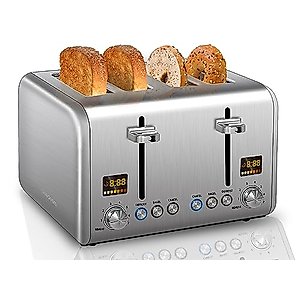 SEEDEEM 4 Slice Toaster, Stainless Bread Toaster Color LCD Display, 7 Bread Shade Settings, 1.5'' Wide Slots Toaster with Bagel/Defrost/Reheat Functions, Removable Crumb Tray, Silver Metallic, 1800W