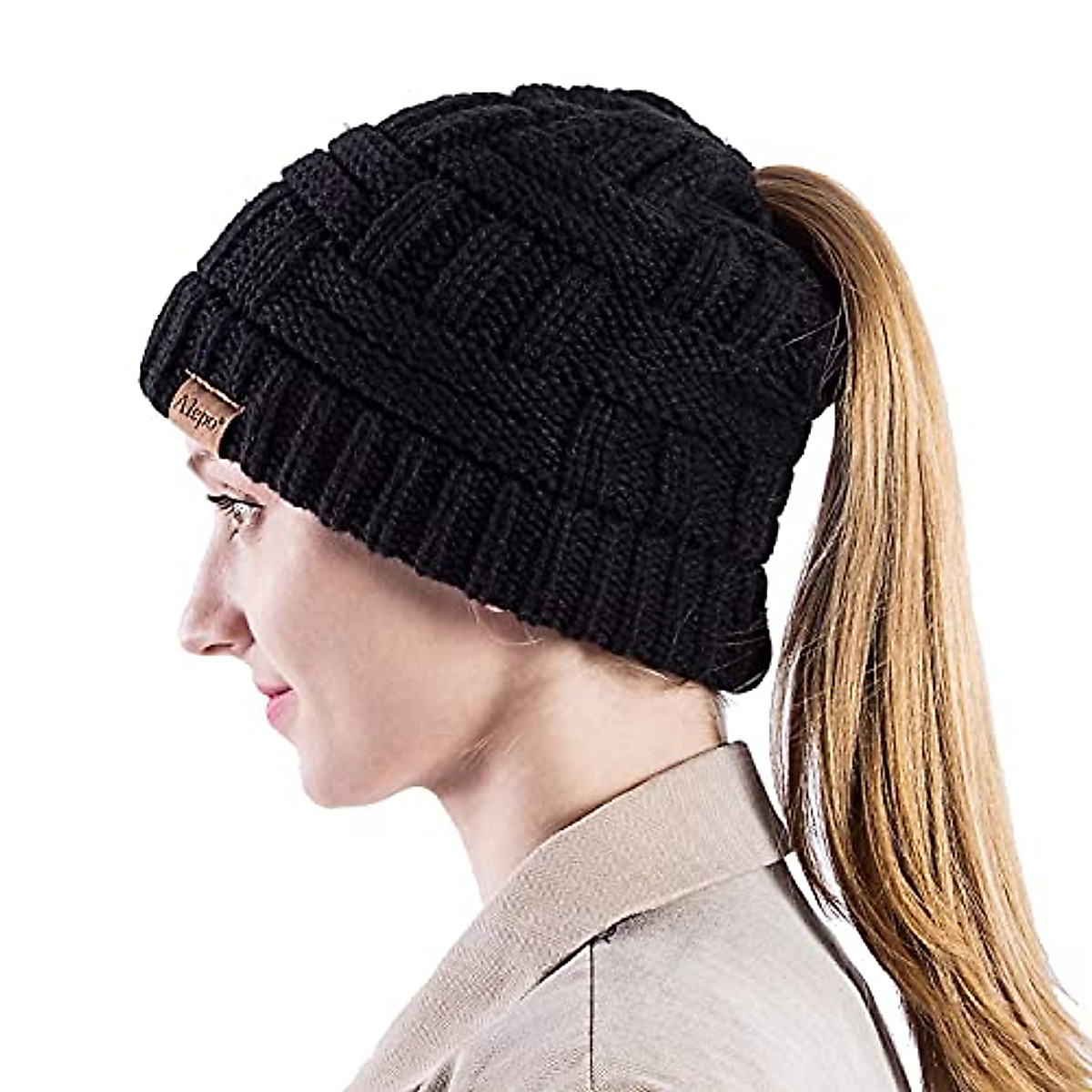 Alepo Womens High Messy Bun Beanie Hat with Ponytail Hole, Winter Warm Trendy Knit Ski Skull Cap (Black)