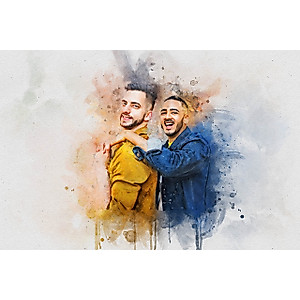 Awesometik Customized LGBT Couple Portrait Watercolor Art on Canvas, Poster LGBT Engagement Gift Memorable Gift for Husband Gift for Boyfriend Canvas Art Wall Art Gay Couple