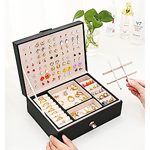 QBestry Stud Earring Organizer for Women Mens Black Jewelry Box for Earrings Necklace Jewelry Organizer,Girls Earring Box for Womens Necklace Holder Rings Organizer Bracelet Earring Storage Case,Black