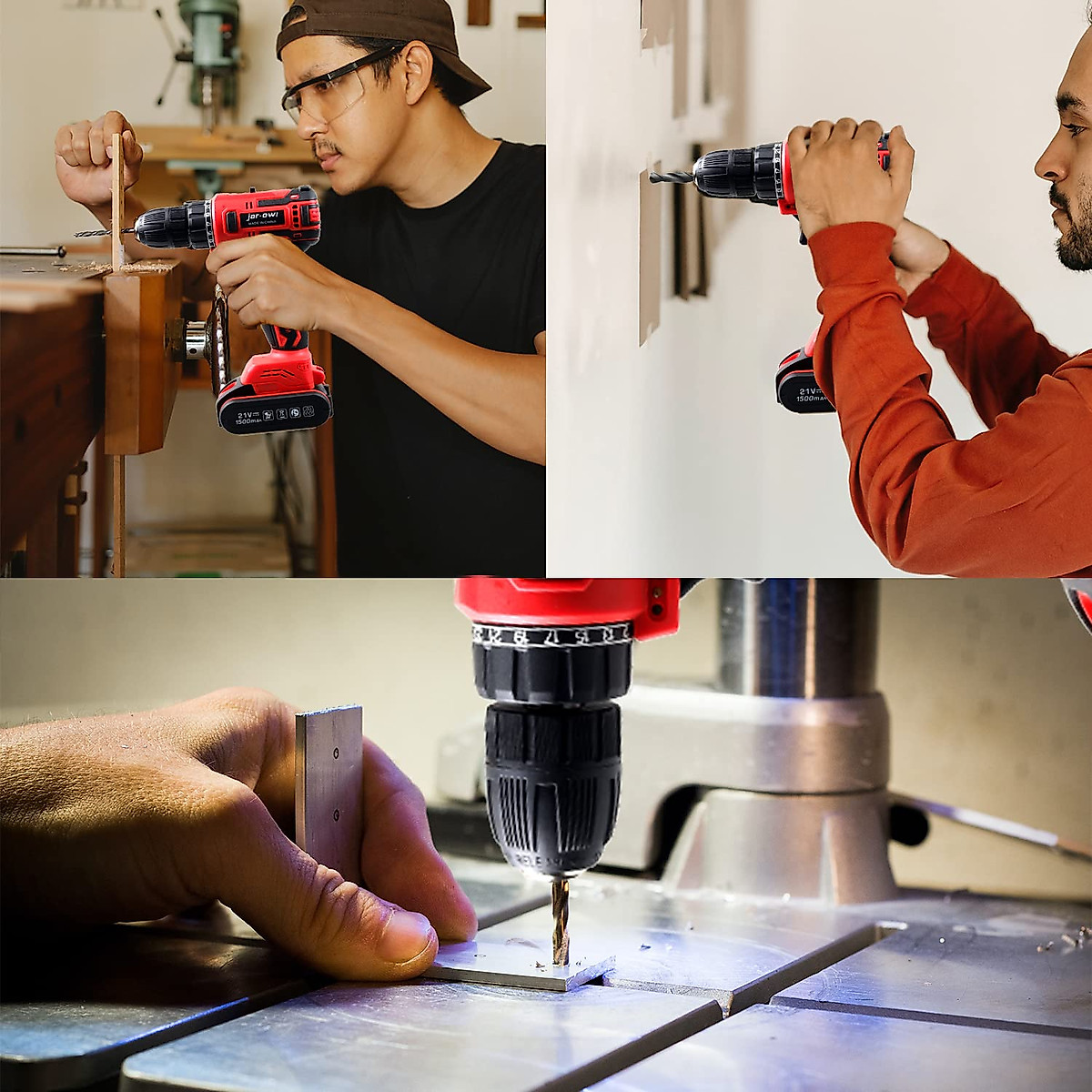 jar-owl 21V Max Cordless Drill/Driver Kit, Brushless, Tool Set with Drill and 112pcs Household Hand Tool Kit for Daily Home Repair, Red