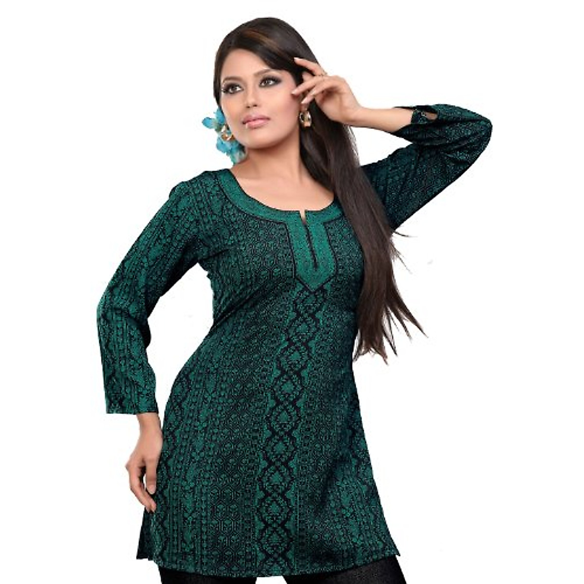Indian Short Kurti Top Tunic Printed Women's India Clothes (Green, 5XL)