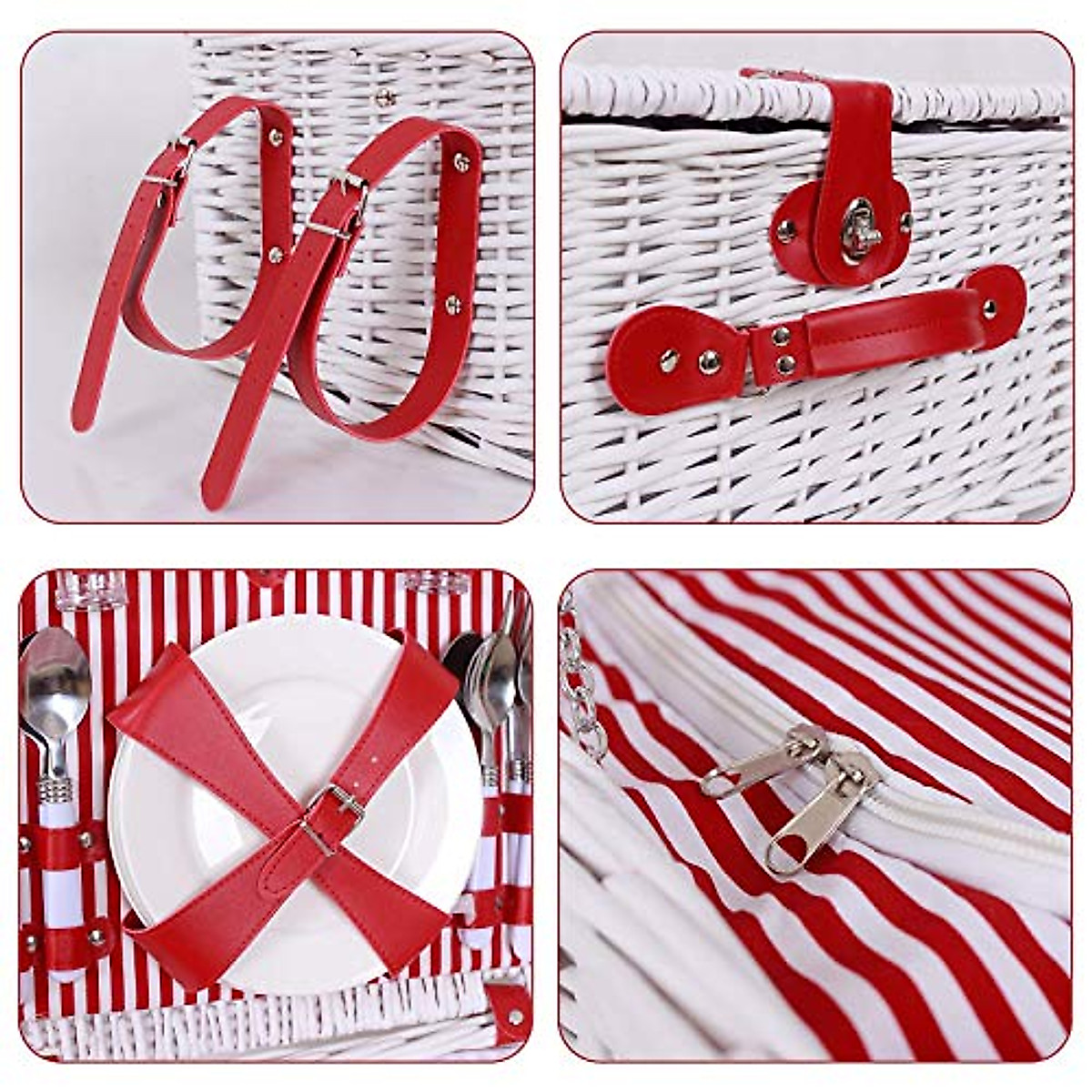 Picnic Basket for 4 Person Wicker Picnic Hamper with Waterproof Blanket, Insulated Cooler Compartment & Tableware Set (White/Red)