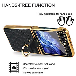 Soyeacrg Case for Samsung Galaxy Z Flip 5, Luxury Gold Plated Frame Quilted Leather Ultra Thin Folding Women Case with Ring Holder Camera Lens Protection Film for Samsung Z Flip 5 2023,Purple