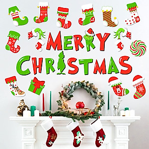 Christmas Stocking Cutouts Bulletin Board Decorations Set, Grinch Merry Christmas Letters, Whoville Christmas Party Supplies for Toddler Kid’s Room Students, Xmas School Holiday Classroom Decor