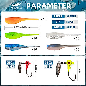 MITOBASS Crappie Lures 60Pcs Kit - 50 Small Shad, 10 Jig Heads for Crappie Fishing Lures