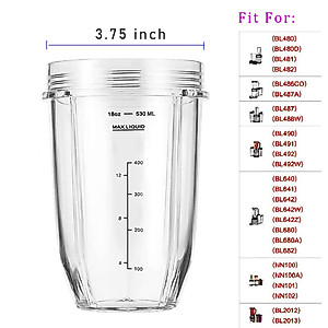 Replacement 18oz Blender Cup with Sip & Seal Lid For Nutri Ninja BL450 BL456 BL480 BL482 BL640 BL642 BL682 BN401 BN751 BN801 Foodi SS101 SS151 SS351 SS401 SS400 Ninja Blender Auto IQ Blade, 2-Pack