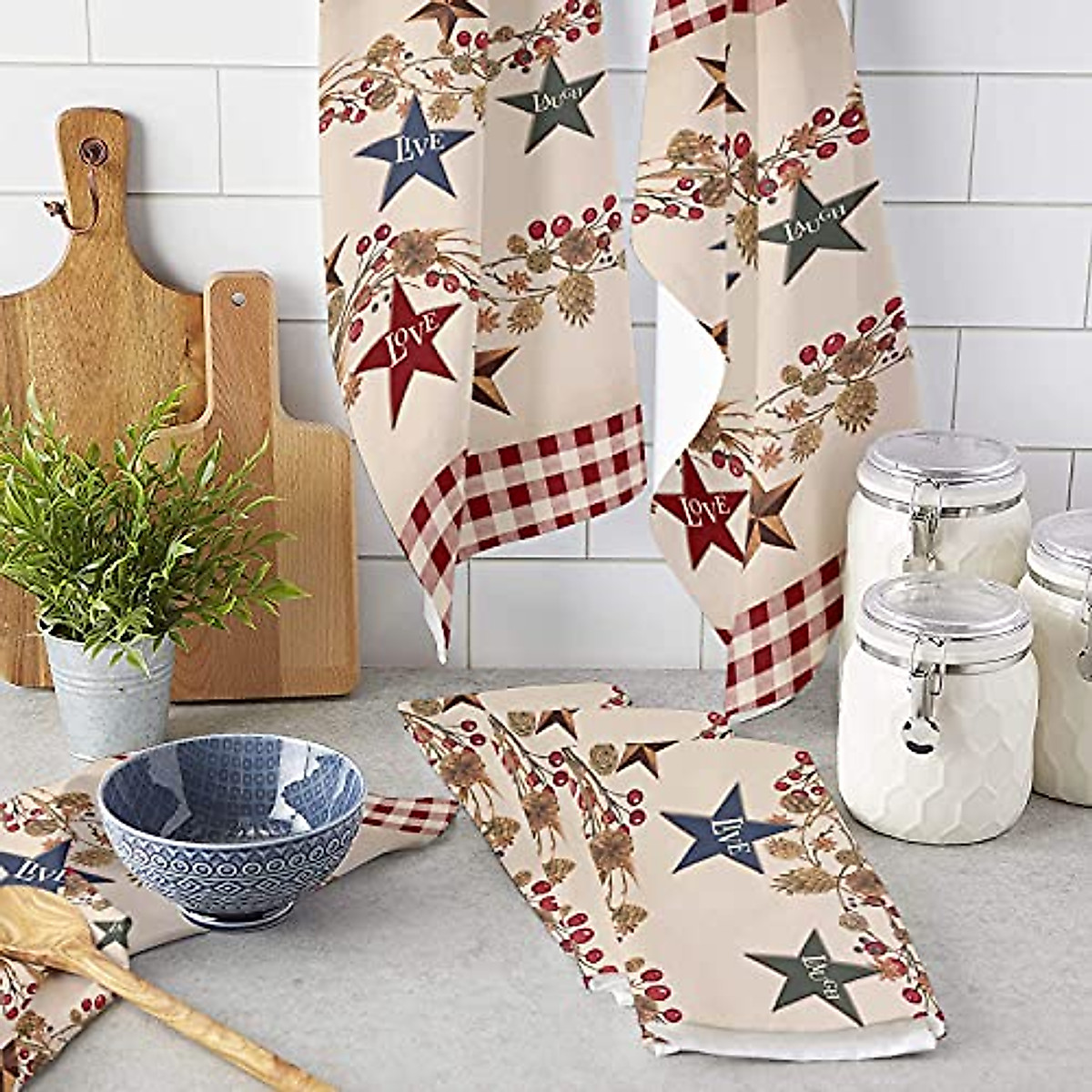 Yun Nist Kitchen Dish Towels,Country Star Berry Burgundy Red Gingham Soft Microfiber Dish Cloths Reusable Hand Towels,Live Laugh Love Text Washable Tea Towel for Dishes Counters 2 Pack
