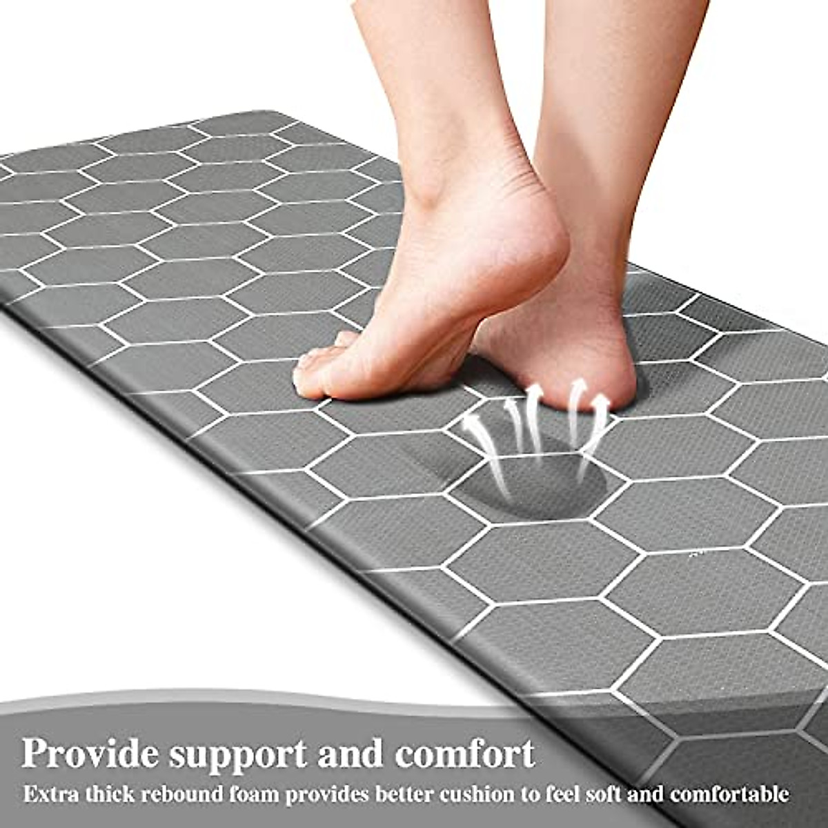 Gray Kitchen Mats for Floor,PVC Cushioned Anti-Fatigue Comfort Mat,2 Piece 0.47in Super Thick Kitchen Rugs【59In】 for Kitchen Sink Office Laundry Room