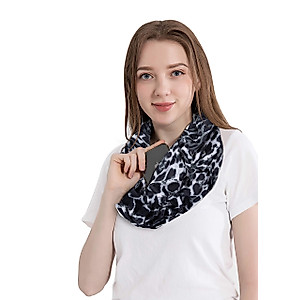 elzama Infinity Loop Jersey Scarf with Hidden Zipper Pocket, Leopard Printed Patterns for Women, Travel Wrap for Fall Winter, Black