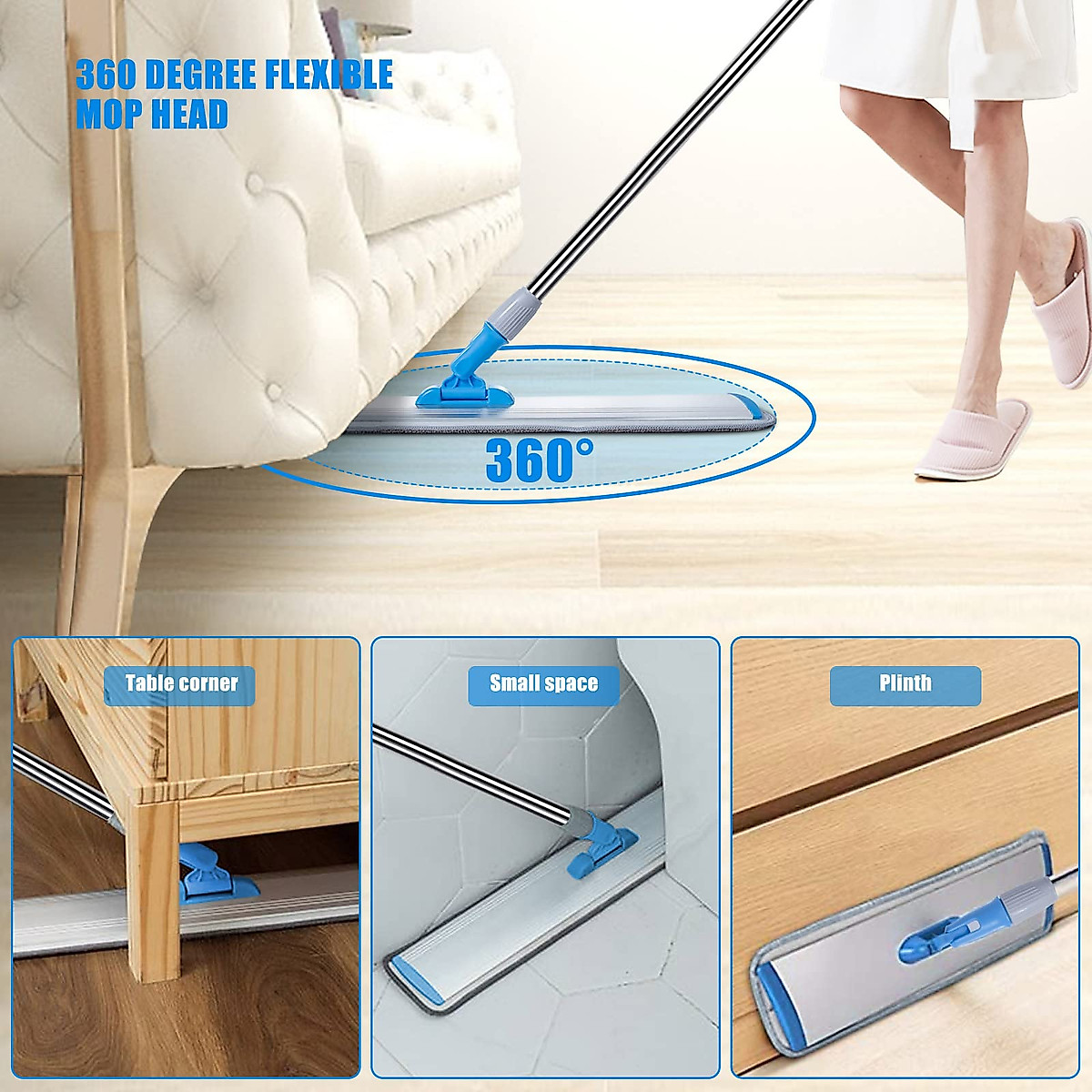 Masthome Commercial Wet Mop 24'' Large Microfiber Mop,Aluminum Flat Mop with Adjustable Stainless Steel for Wet and Dust Cleaning Heavy Duty Floor Mop with 5 Mop Pads and 1 Cleaning Scraper