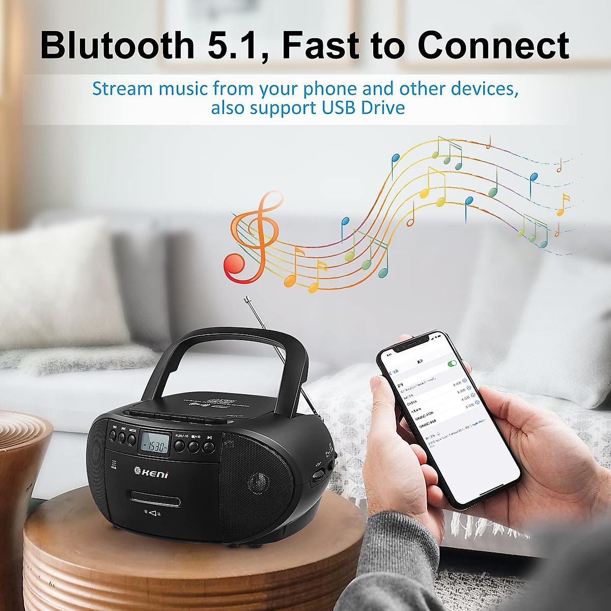 G Keni Portable CD and Cassette Player Boombox Combo, Casette Tape Recorder with Remote, AM FM Radio, USB Playback with Earphone Jack, 5.1V Bluetooth Speaker, Battery Operated or AC Powered for Home