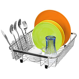 Slideep Expandable Dish Drying Rack, 202 Stainless Steel Over The Sink Dish Rack, in Sink or On Counter Dish Drainer with Steel Removable Utensil Holder
