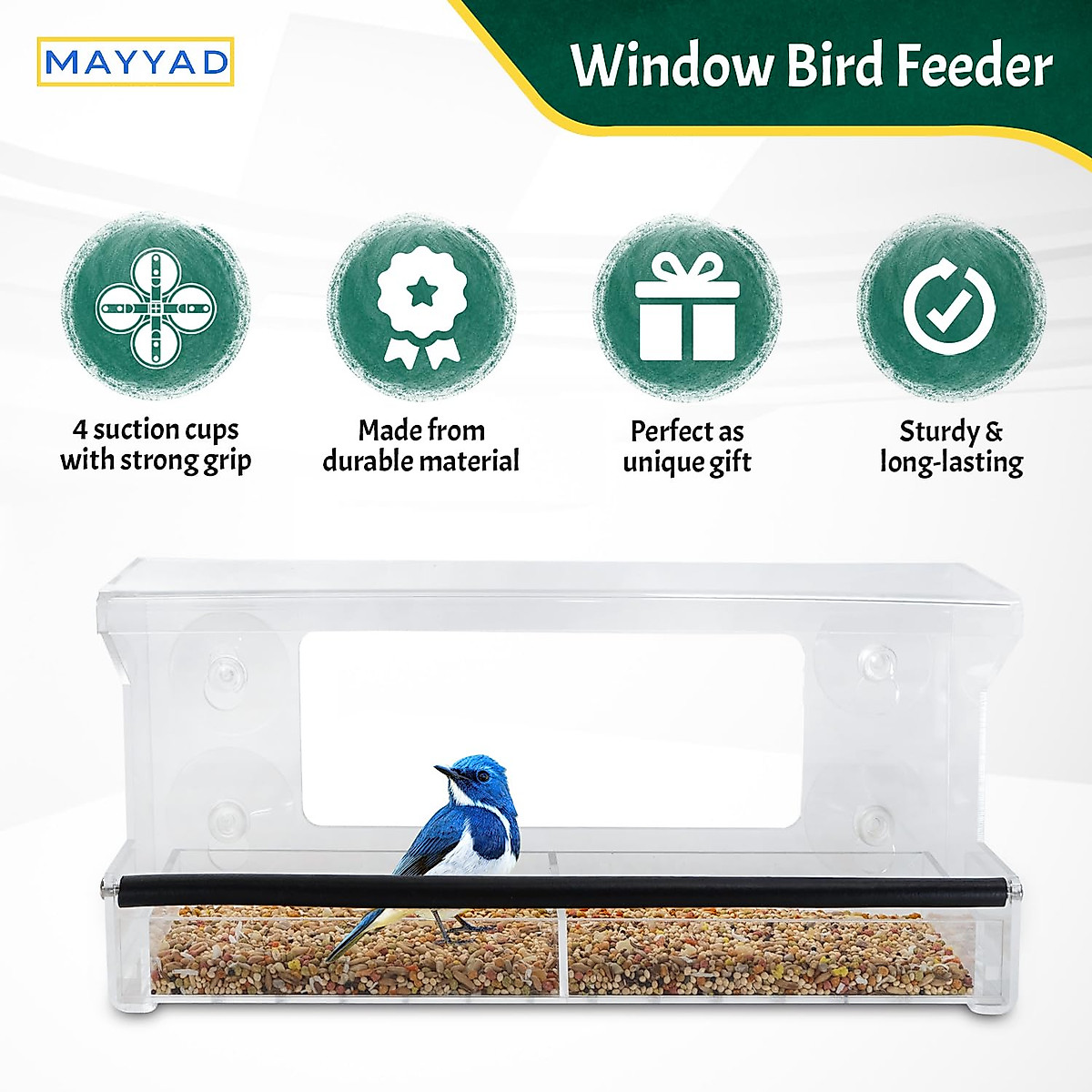 MAYYAD Large Window Bird Feeders for Viewing – Four Strong Suction Cup Bird Feeder Window for Outside - Drainage Holes, Detachable Large Seed Tray, and Rubber Perch for Wild Birds