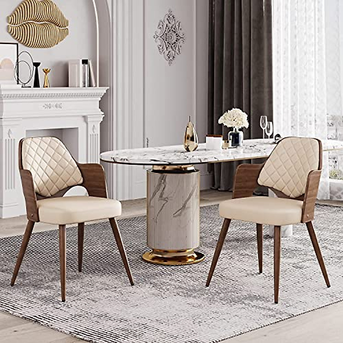 AQG Mid Century Modern Dining Chairs Set of 2, Upholstered Faux Leather Walnut Curved Back Contemporary Kitchen Dining Accent Chair, Minimalist Vintage Style (Beige, Pack of 2)