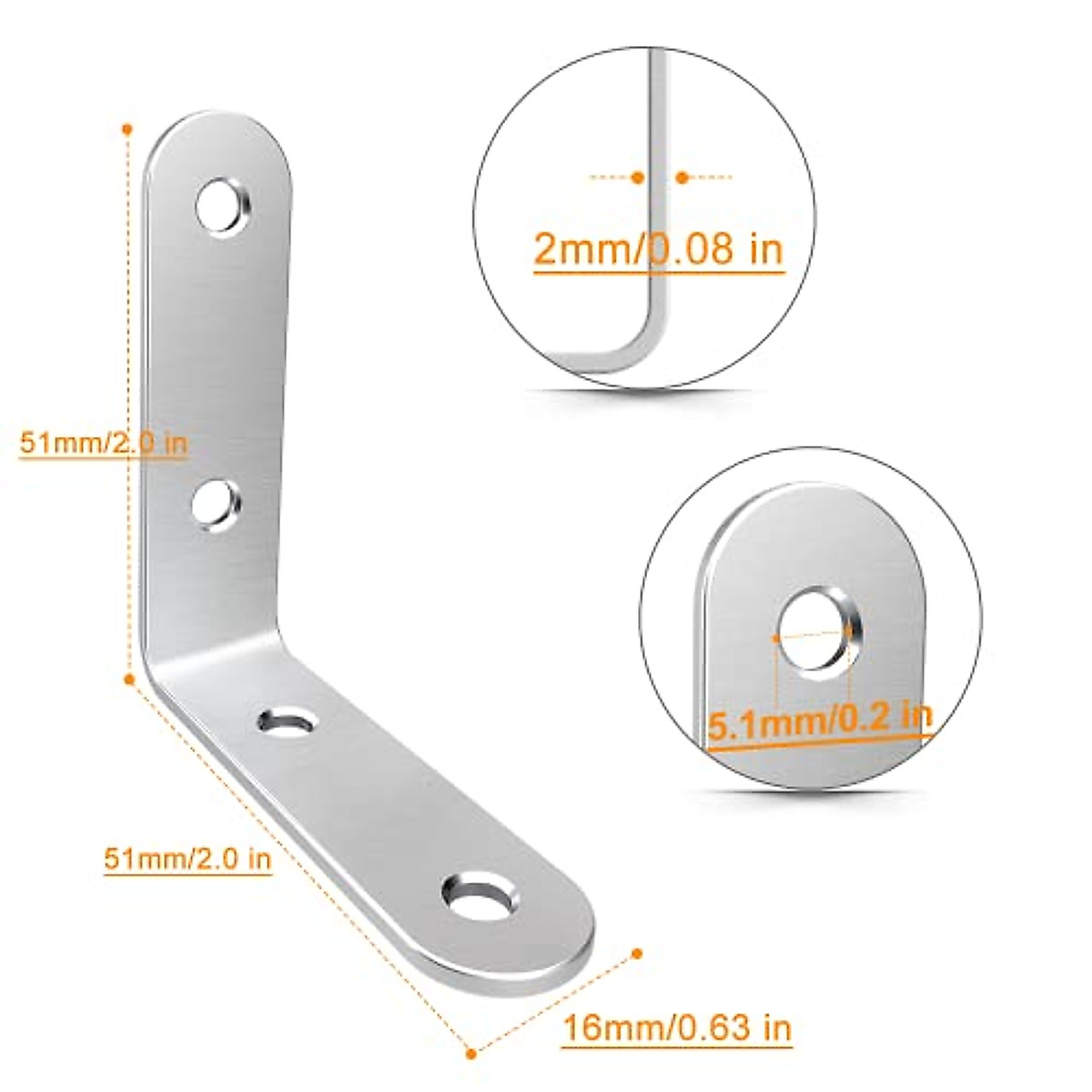 LuckIn 40 Pack Corner Brace 2" x 2", Heavy Duty L Brackets for Shelves and Wood, Stainless Steel Right Angle Bracket with Screws, 50mm x 50mm