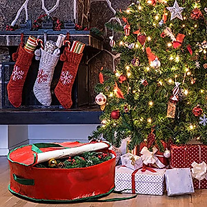 Shappy 4 Pieces Wreath Storage Container Bag Round Garland Holiday Container Zippered Xmas Artificial Wreath Container with Handle for Christmas Tree (Red,30 x 7 Inches)