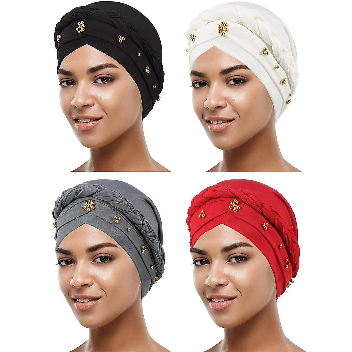 4 Pieces African Women Turban Cap Head Wraps Beaded Headscarf Beanie Wrap (Black, Grey, White, Red,Bead Style)