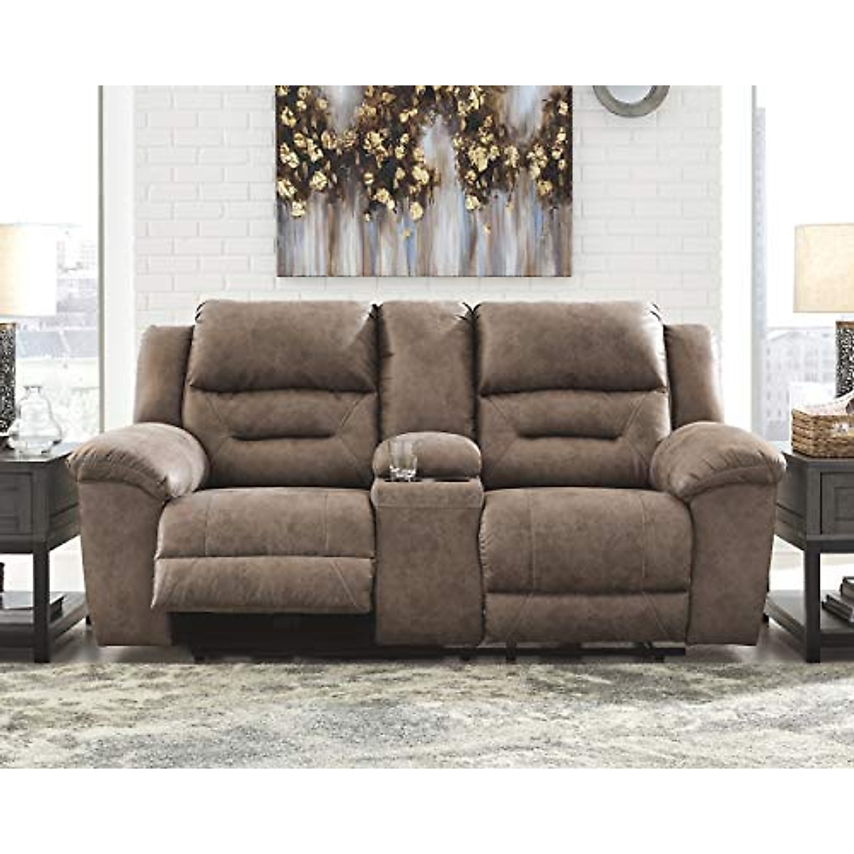 Signature Design by Ashley Stoneland Faux Leather Double Reclining Loveseat with Console Brown 1 Love Seats, Gray
