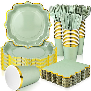 Gejoy 144 Pcs Baby Shower Plates and Napkins Party Supplies Bridal Shower Tableware Set Serve 24 Guests Disposable Paper Plates Napkins Cup Fork Knives Spoon for Birthday Wedding Party (Sage Green)