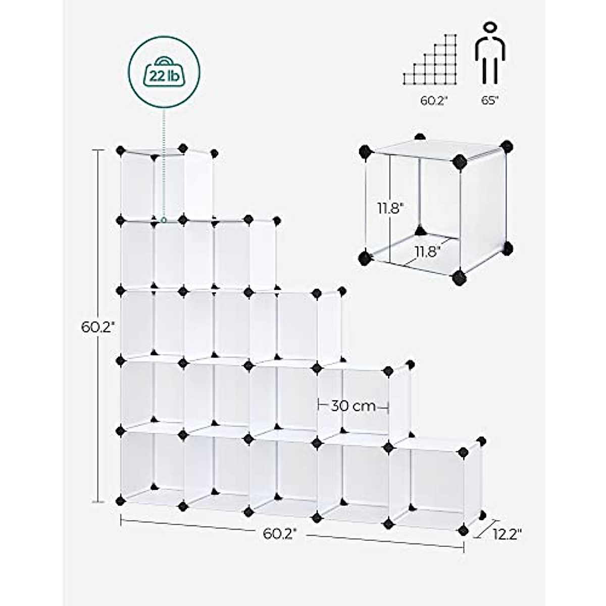 SONGMICS Cube Storage Organizer, Set of 16 Plastic Cubes, Book Shelf, Closet Organizers and Storage, Room Organization, Shelving for Bedroom Living Room, 12.2 x 48.4 x 48.4 Inches, White ULPC44L