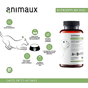 animaux – nutrients 365 for Dogs, All-Natural Vitamins, Healthy Immune System, Vitality, Healthy Skin, Shiny Coat, Raw-Feeding, Puppies, Dogs with Allergies, 60 Chewable Tablets, 60 Days Supply