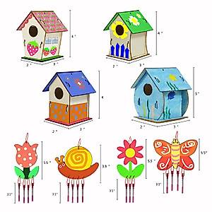 Aulufft 18pcs DIY Wooden Bird House Tool Set,Wooden Arts Wind Chime Kits with Pigments and Brush,Simulation Butterfly Accessories,Birdhouse Crafts for DIY Paint