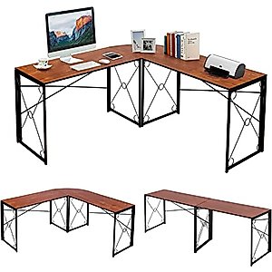 VECELO L Shaped Desk, 59''x59'' Large Corner Computer Gaming Table for Home Office with Collapsible Leg, No Assembly Needed, Brown