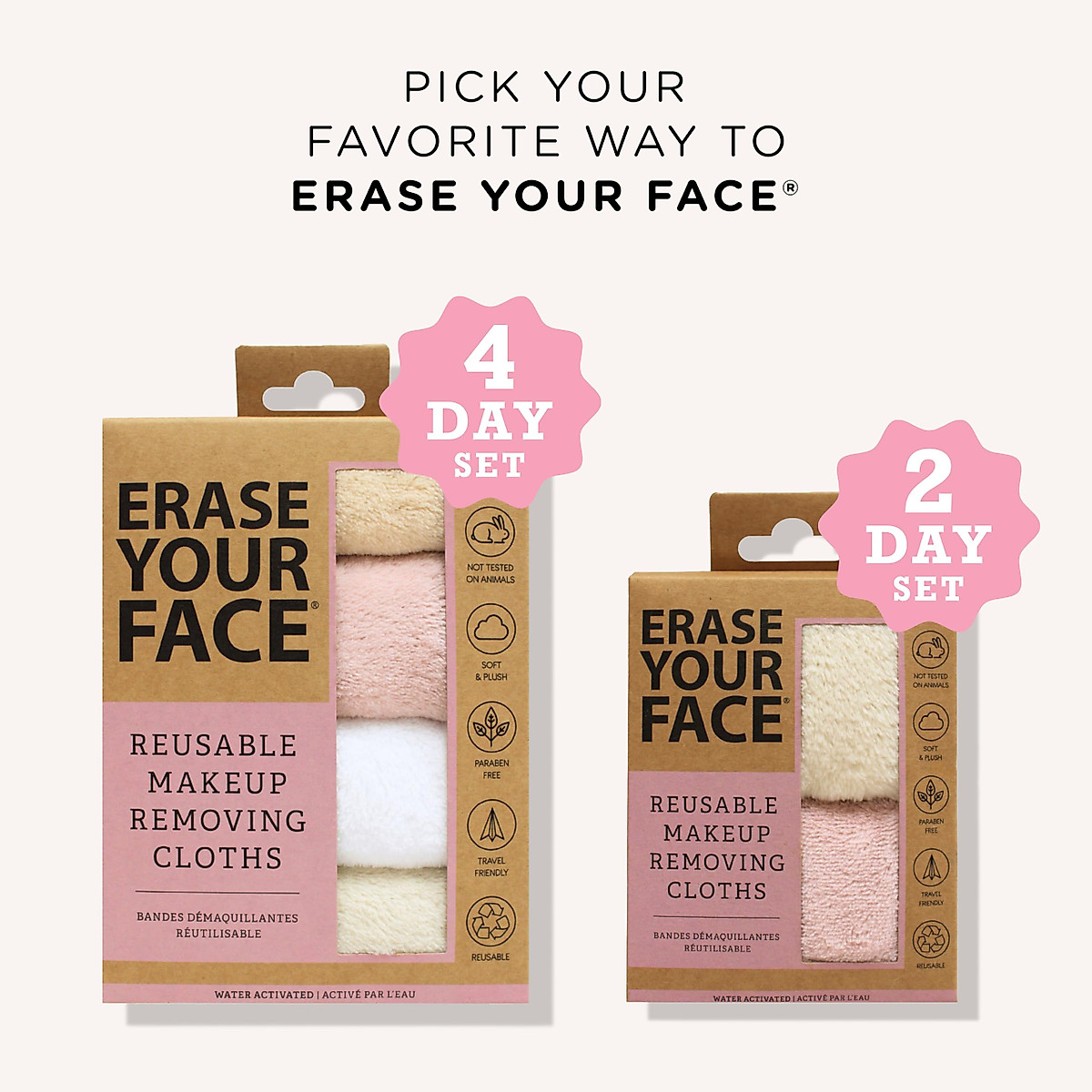 ERASE YOUR FACE Eco-Friendly Makeup Remover Cloths - Reusable Microfiber Face Towels to Cleanse & Remove Makeup - Water Activated, Dual-Sided Design for Easy Use - Eco-Friendly Packaging (4 Count)
