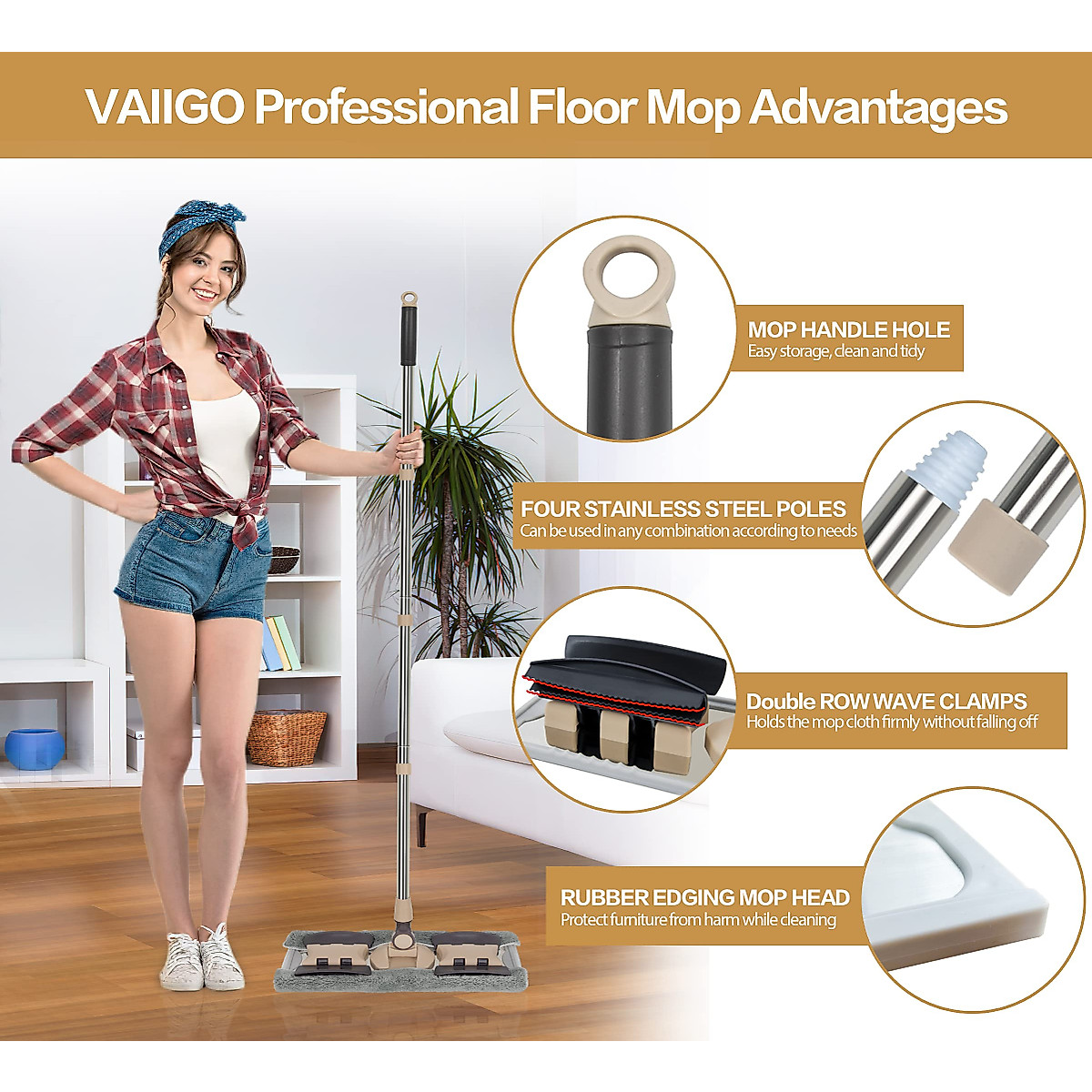 VAIIGO Professional Microfiber Mops for Hardwood Floor Cleaning, 18" Commercial Dust Flat Mops with 3 Reusable Mop Pads and Adjustable Handle, for Home, Office, Hotel Wet or Dry Floor Cleaning Mop